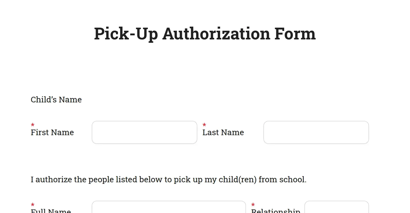 Pick-Up Authorization Form | Template