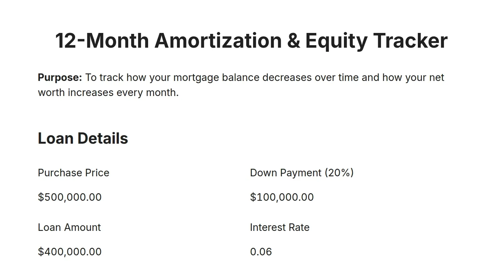 12-Month Amortization & Equity Tracker