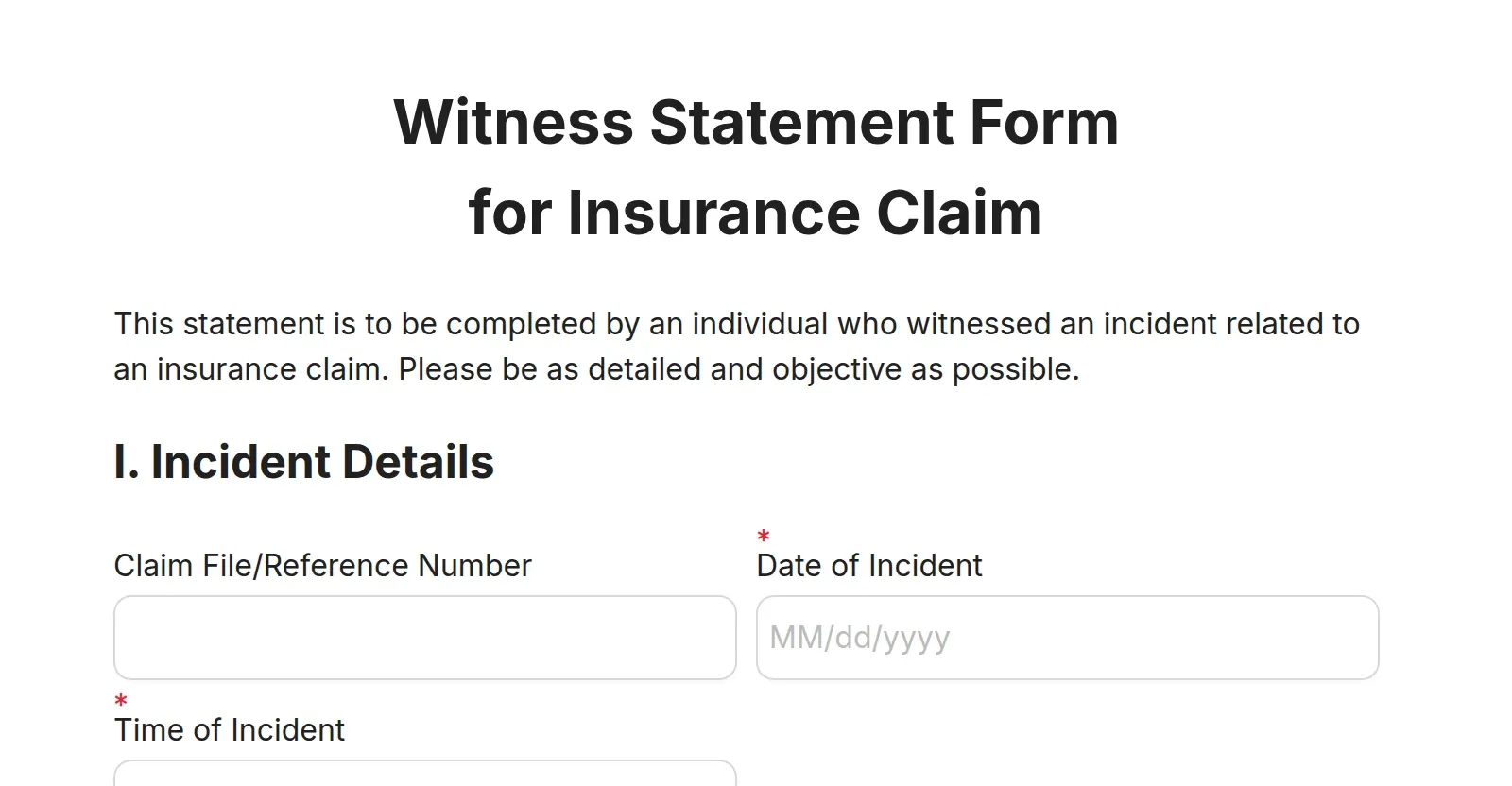Witness Statement Form for Insurance Claim