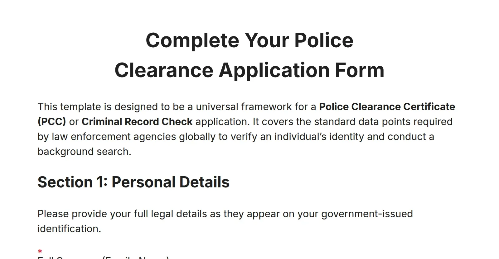 Police Clearance Application Form