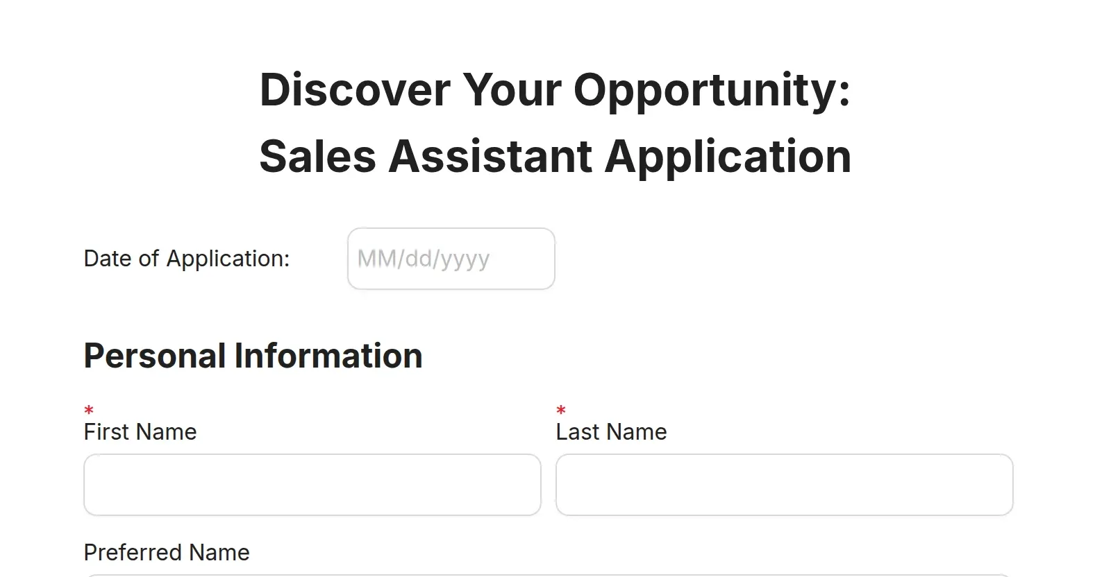 Sales Assistant Job Application Form